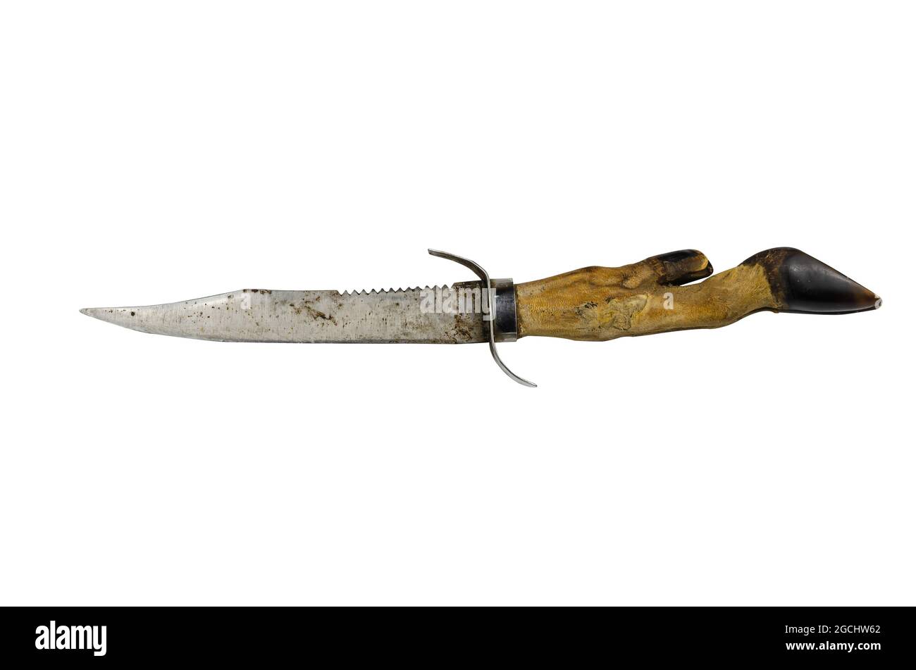 An old hunting knife made from a goat's hoof on the white background ...