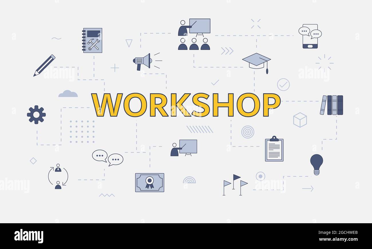 workshop concept with icon set with big word or text on center vector ...