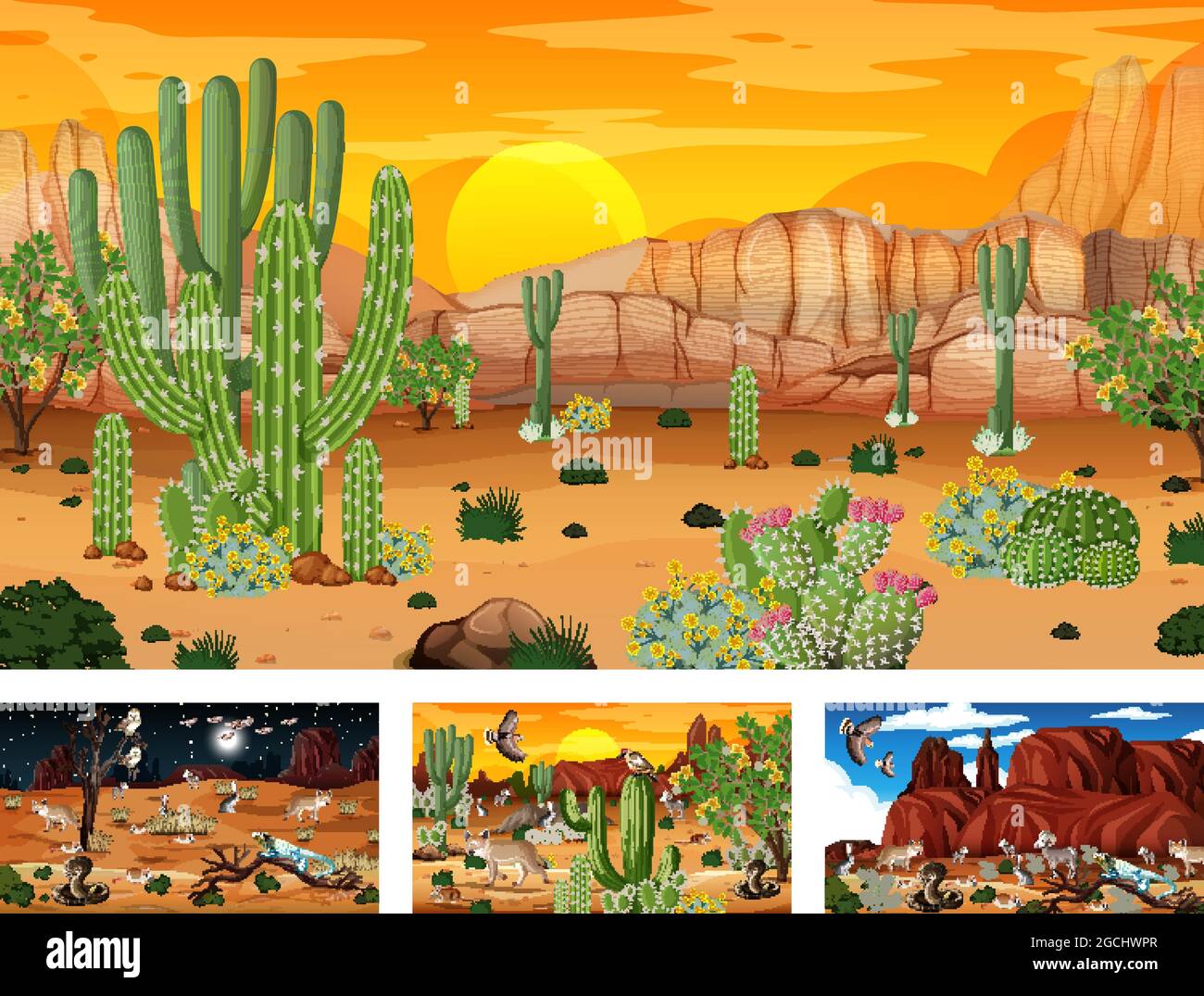 Different desert forest scenes with animals and plants illustration ...