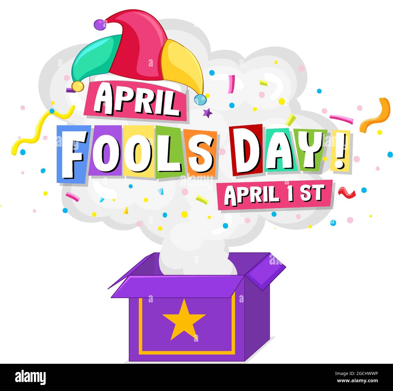 April Fool's Day font logo with Jester hat from surprise box ...