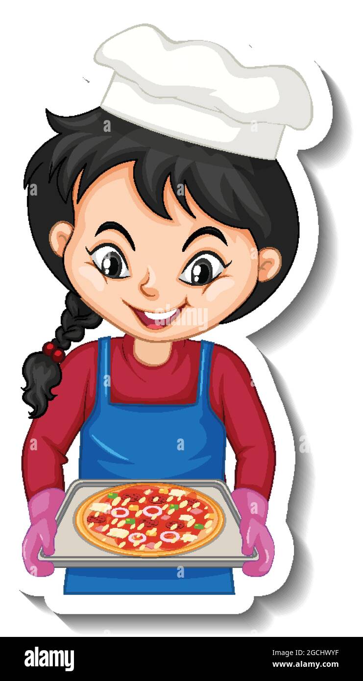 Cartoon character sticker with chef girl holding pizza tray ...