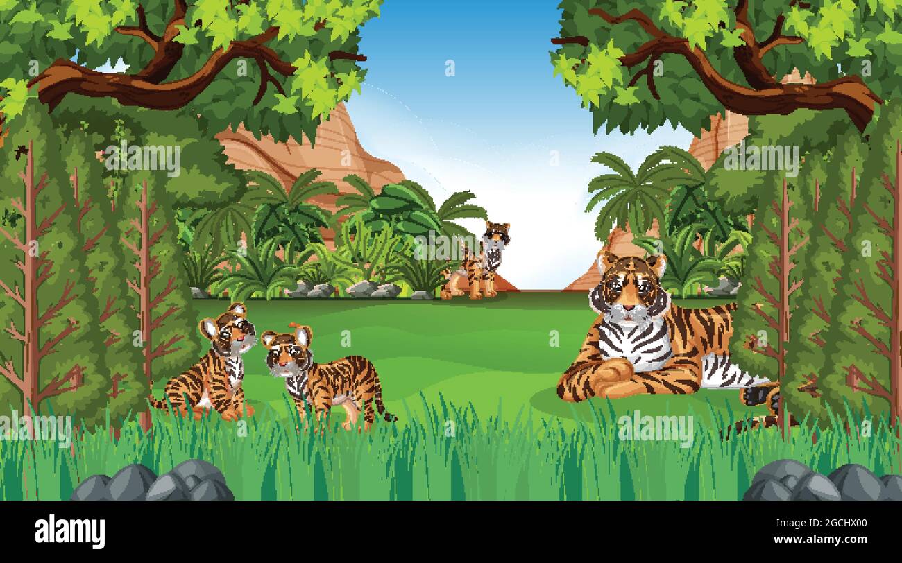 Tiger family in forest or rainforest scene with many trees illustration Stock Vector Image & Art ...