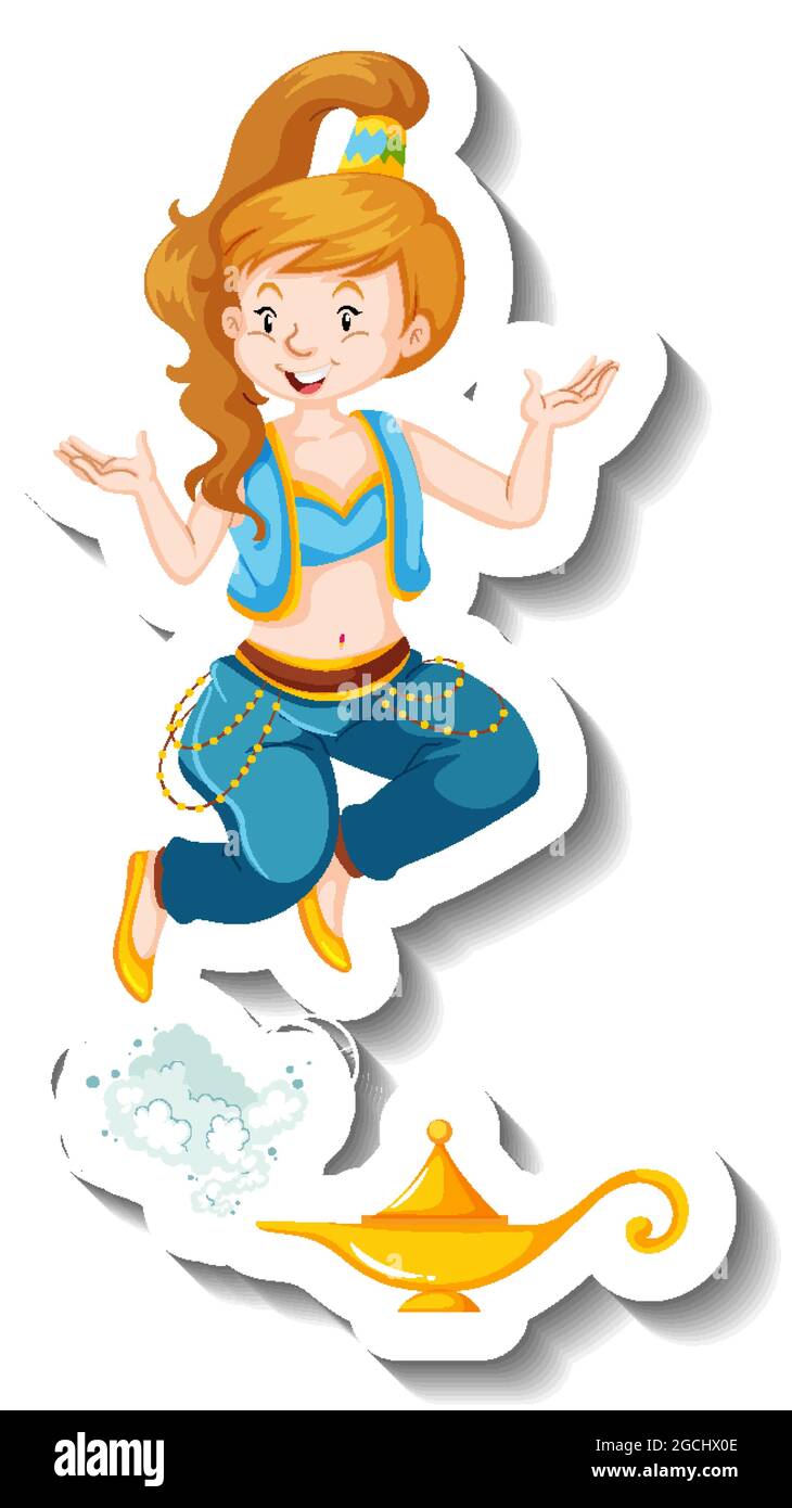 Genie Lady Coming Out Of Magic Lamp Cartoon Character Sticker Illustration Stock Vector Image
