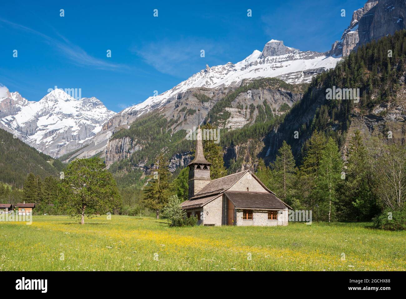 geography / travel, Switzerland, St. Mary's Church with Blueemlisalp ...