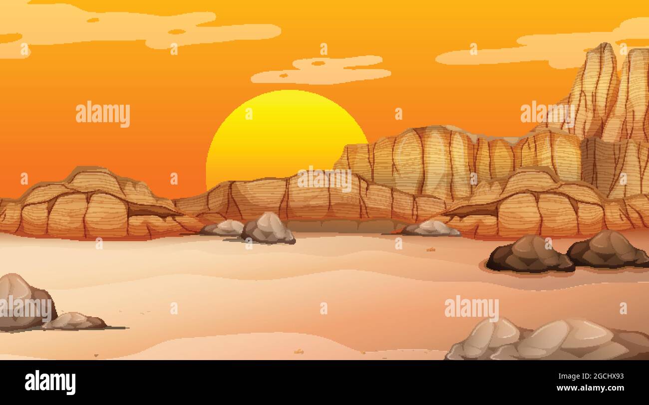 Empty desert forest landscape at sunset time scene illustration Stock ...