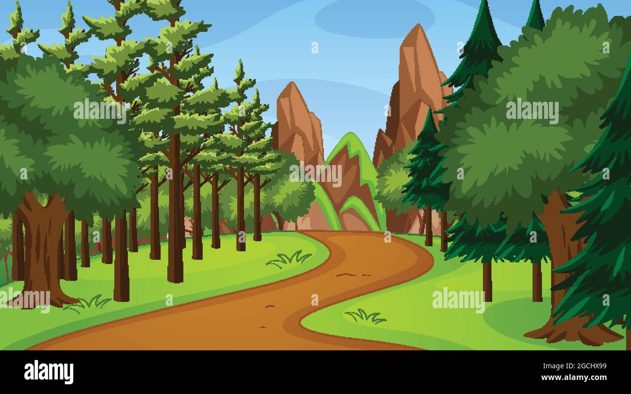 Forest scene with various forest trees and walkway lane path ...