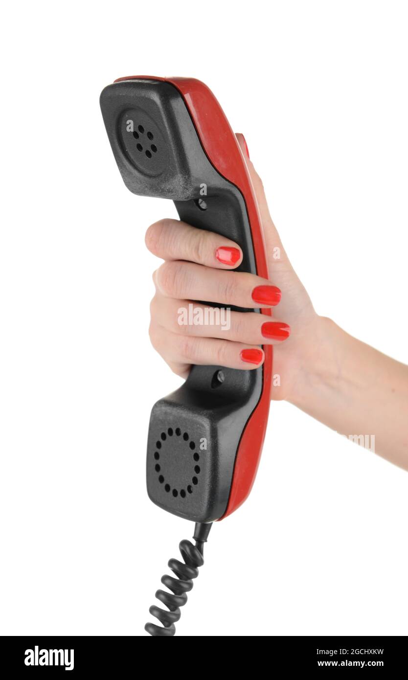 Receiver in female hand, isolated on white Stock Photo - Alamy