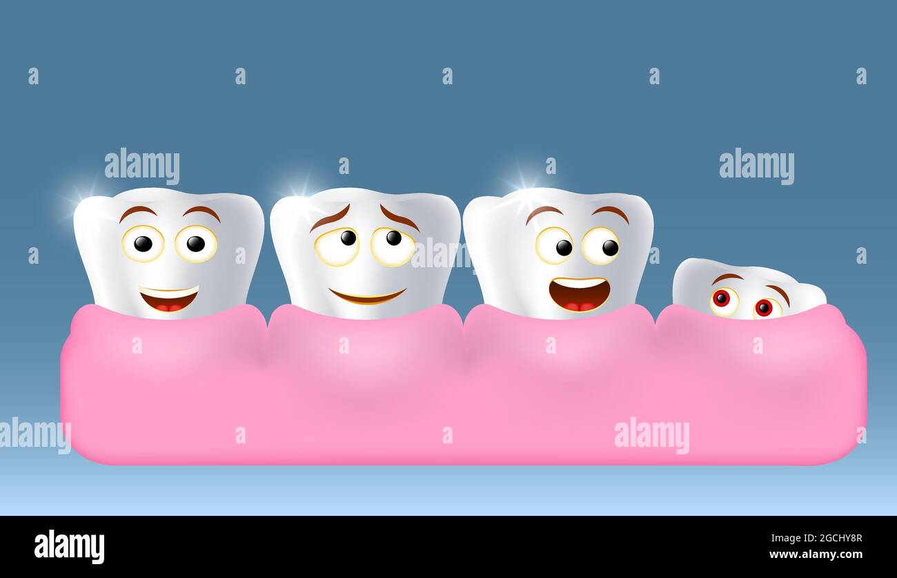 Growing up new tooth character looking at smiling white teeth, vector ...
