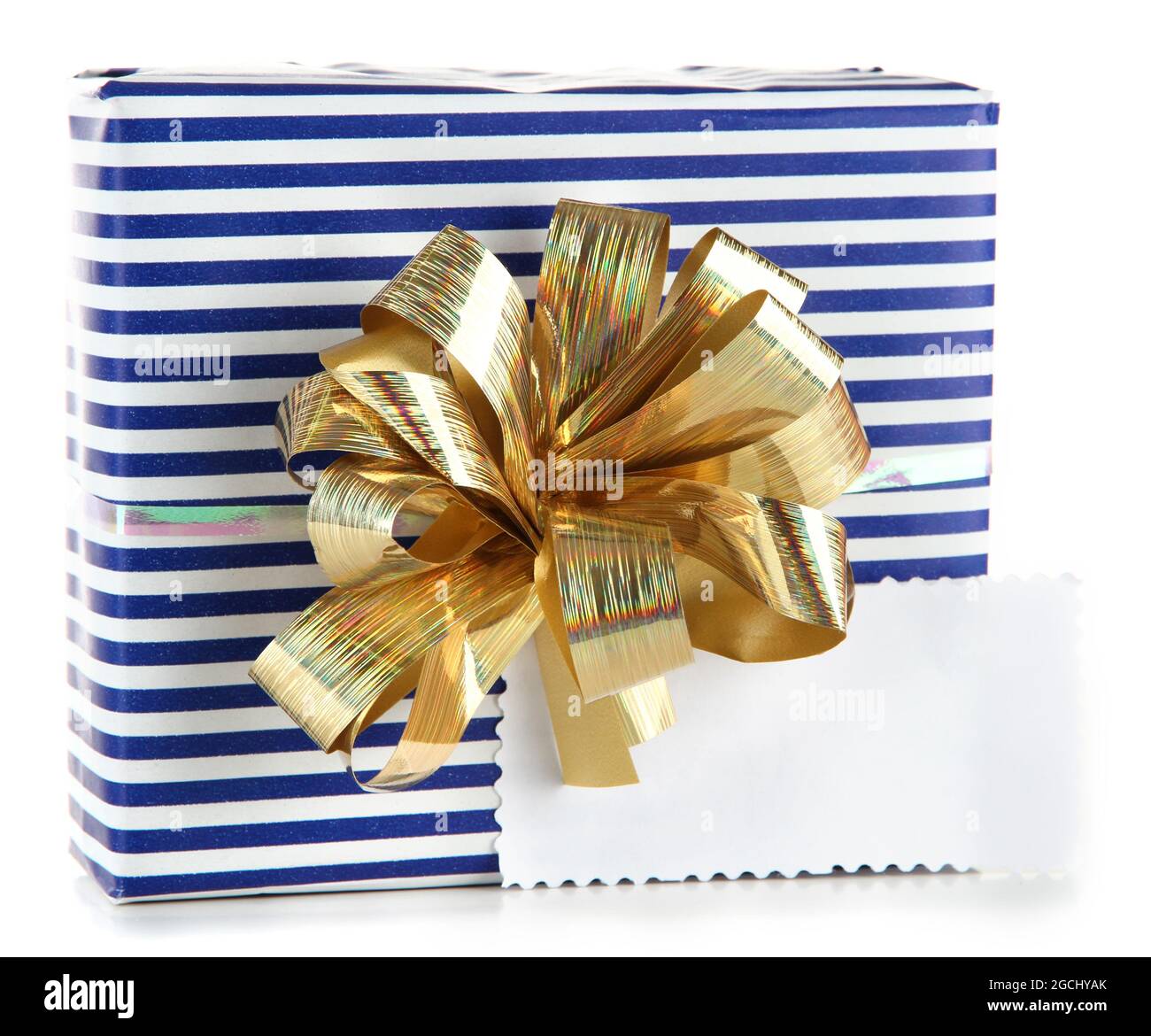 Gift box with blank label isolated on white Stock Photo - Alamy