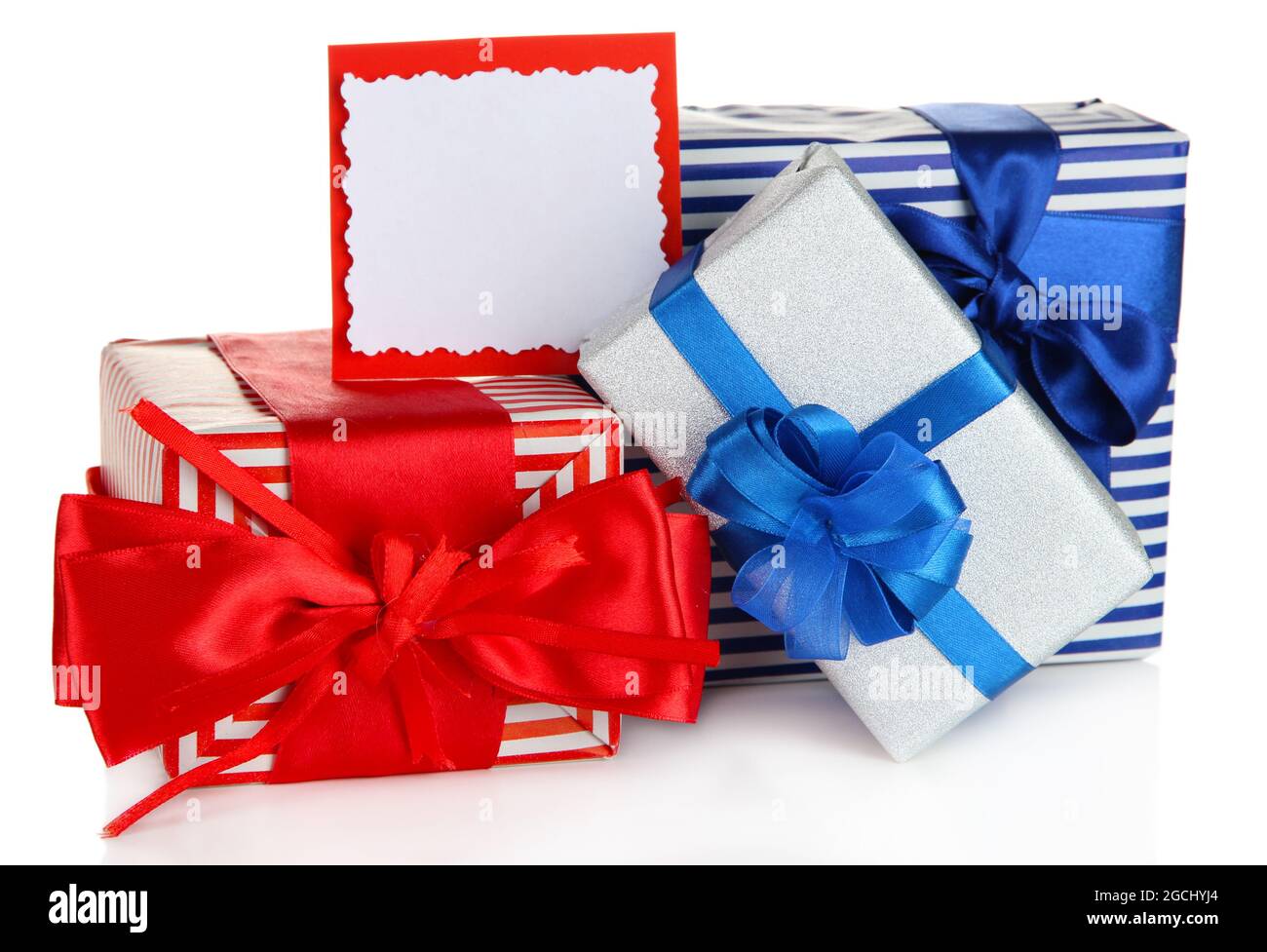 Gift boxes with blank label isolated on white Stock Photo - Alamy