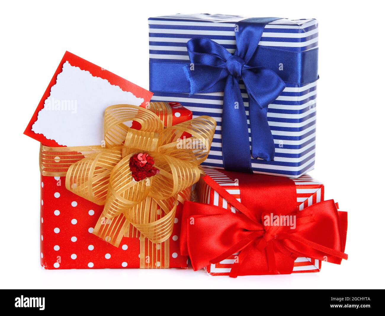 Gift boxes with blank label isolated on white Stock Photo - Alamy