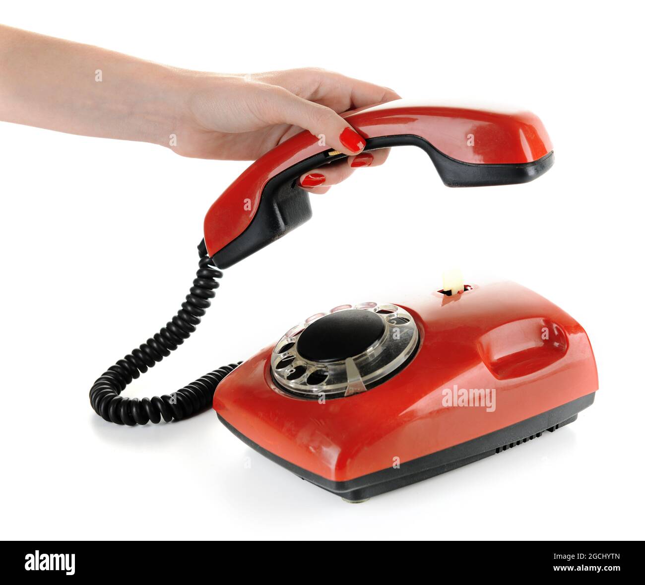 Red retro telephone, isolated on white Stock Photo - Alamy