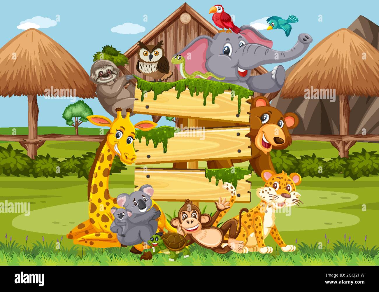 Empty wooden board with various wild animals in the forest illustration ...