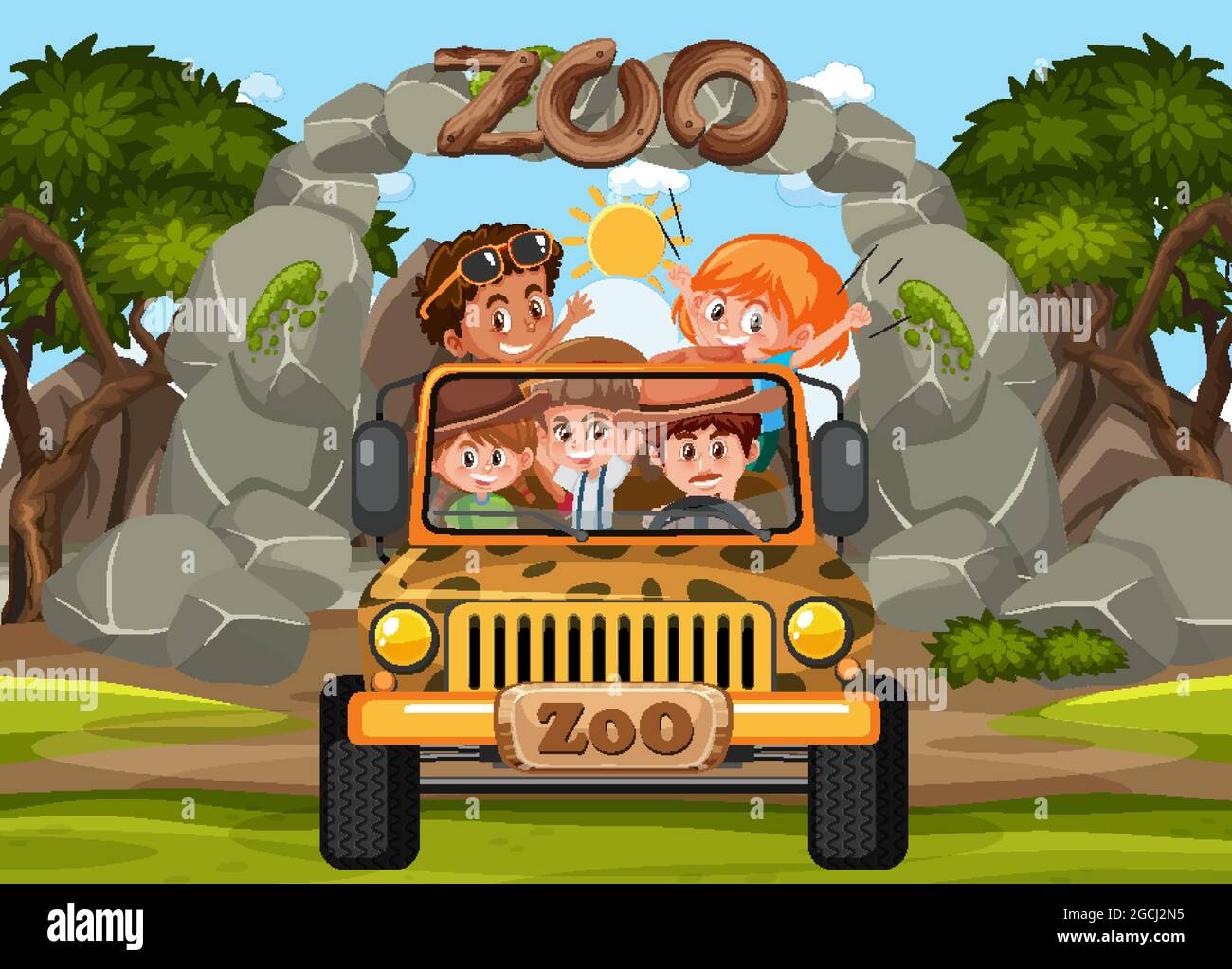 Children on tourist car explore in the zoo scene illustration Stock ...