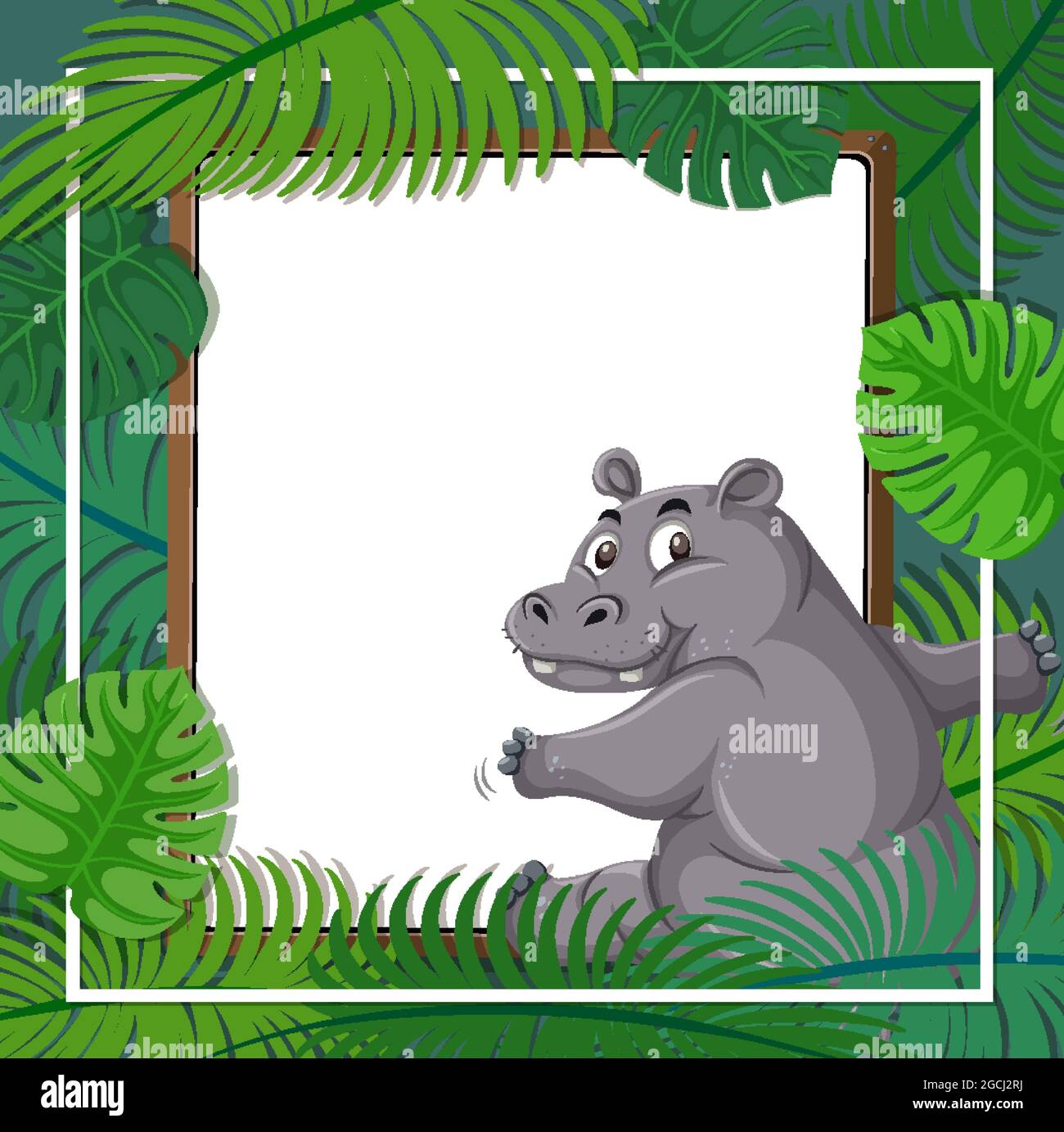 Empty banner with tropical leaves frame and hippopotamus cartoon ...