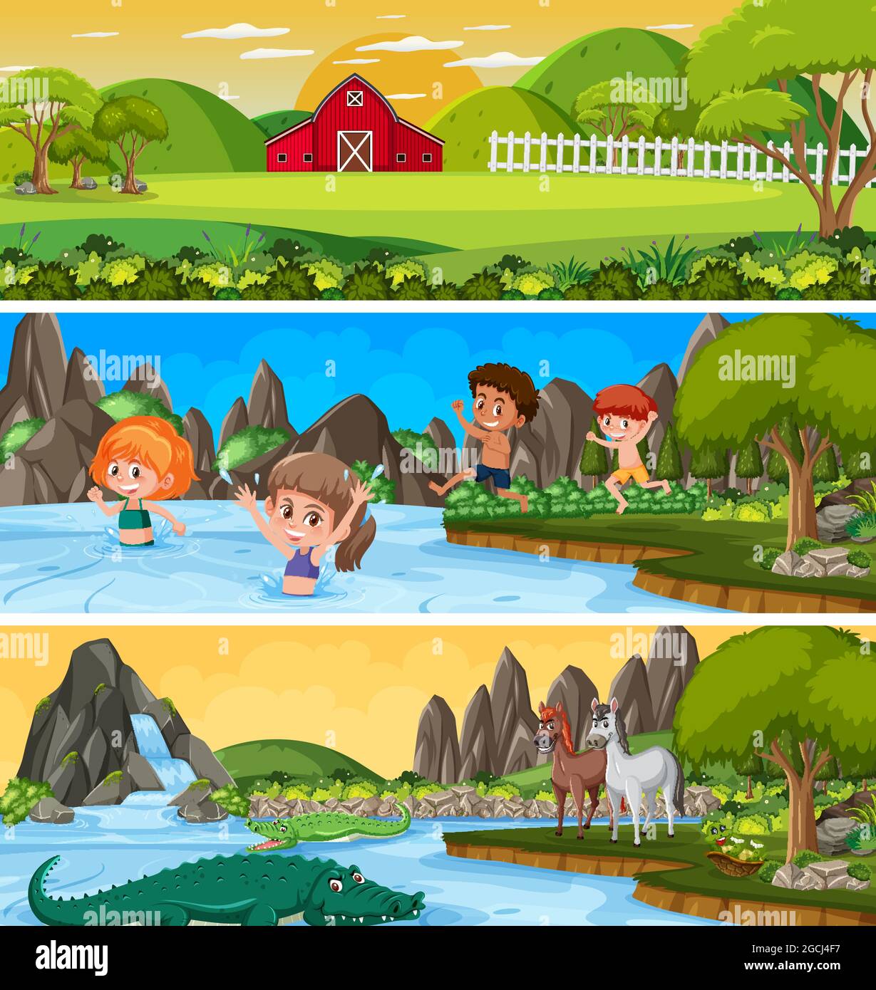 Different nature landscape at daytime scene with cartoon character ...