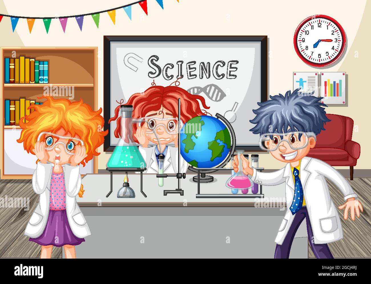School kids doing chemistry experiment in the classroom illustration ...