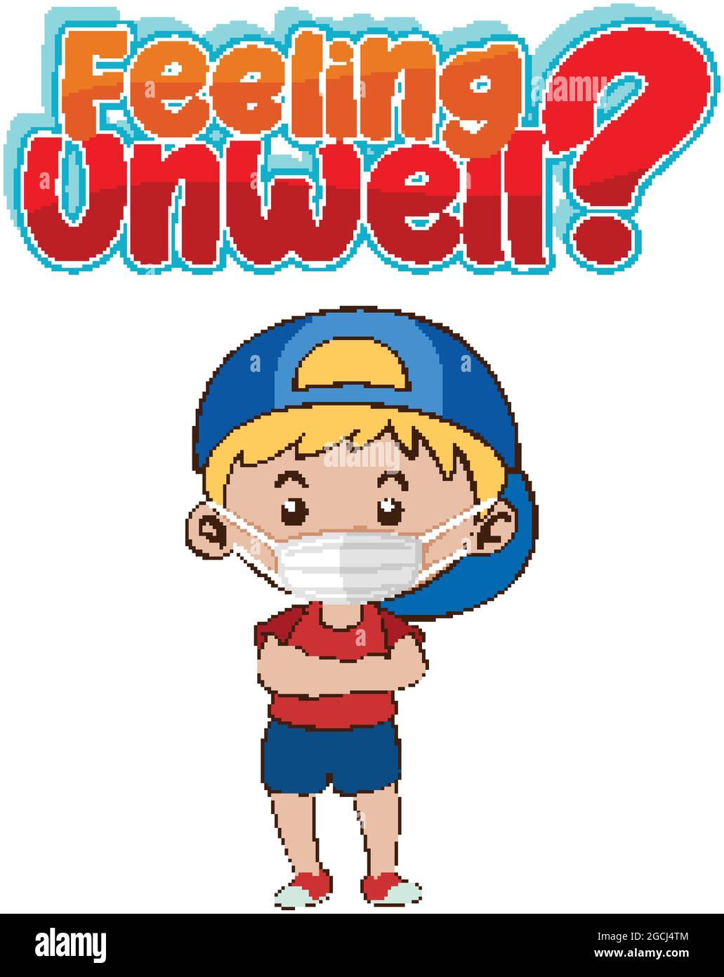 Feeling unwell font design with a boy wearing medical mask on white ...