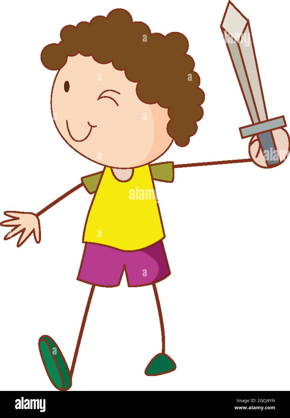 A doodle kid holding a sword cartoon character isolated illustration ...