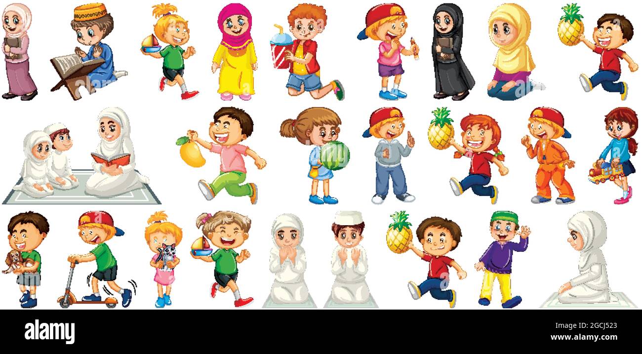 Children doing different activities cartoon character set on white ...