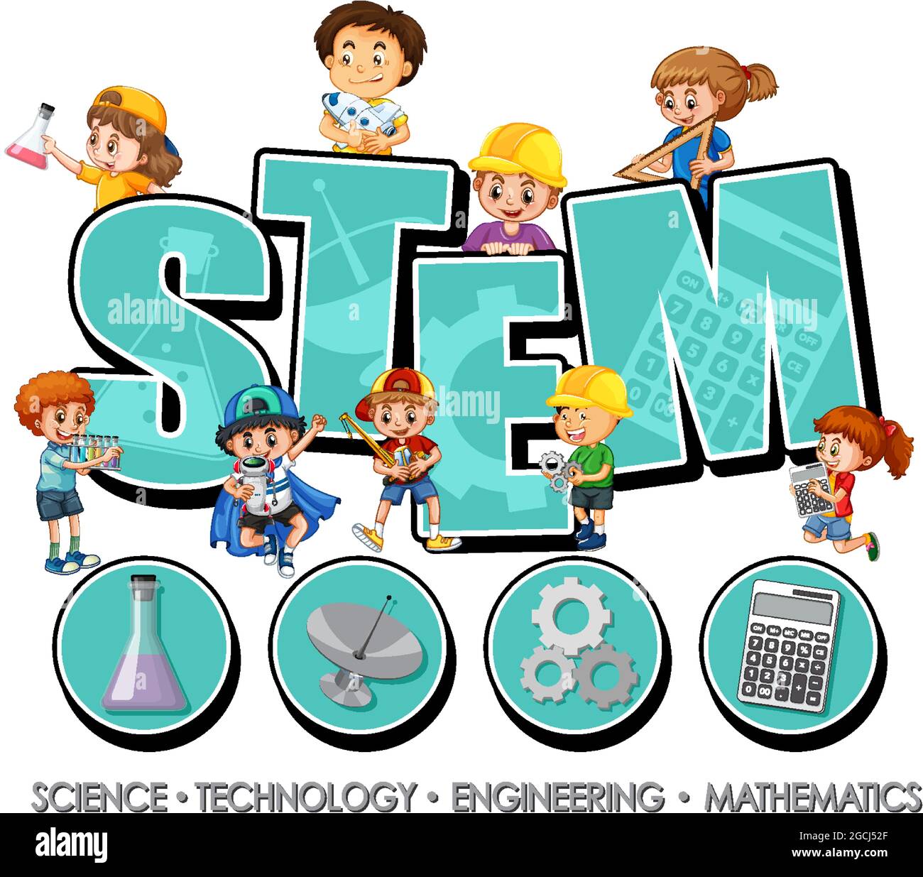 STEM logo with many children and learning icons illustration Stock ...