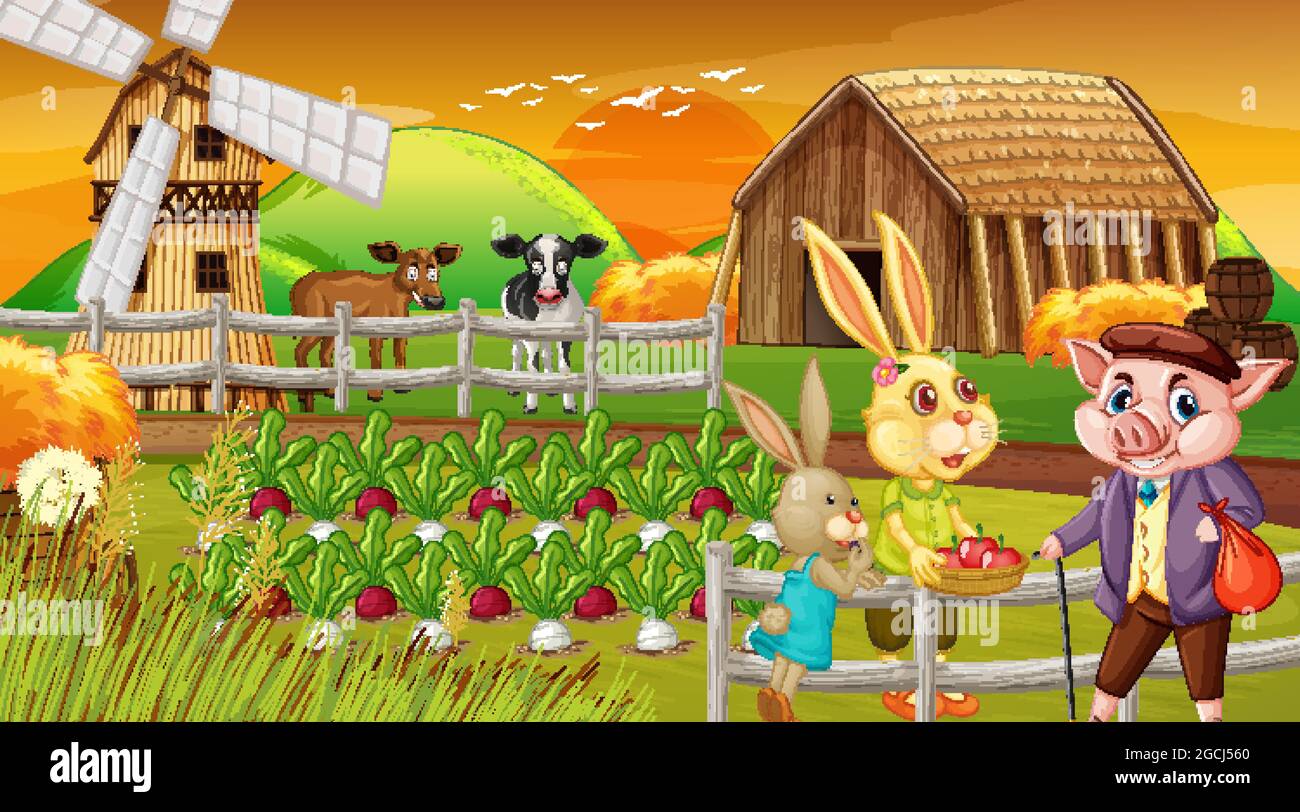 Cartoon Sunset On Farm