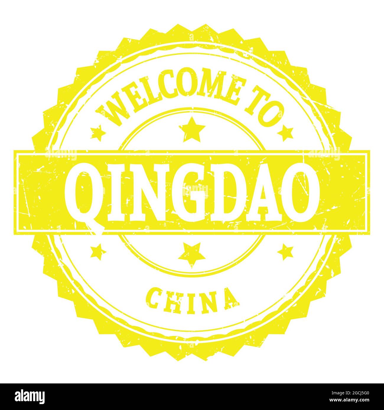 WELCOME TO QINGDAO - CHINA, words written on yellow round zig zag stamp ...