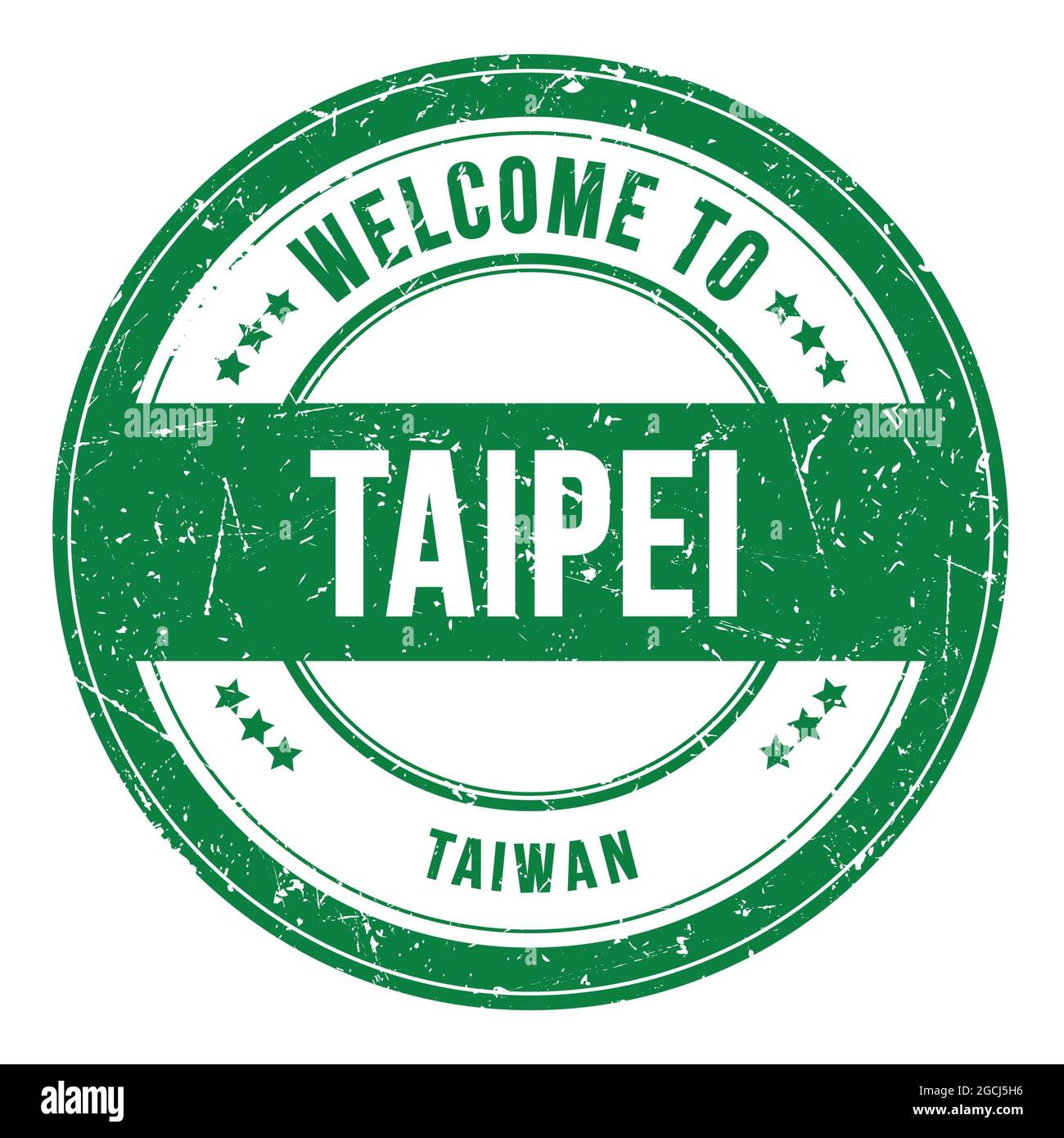 WELCOME TO TAIPEI - TAIWAN, words written on green round coin stamp ...