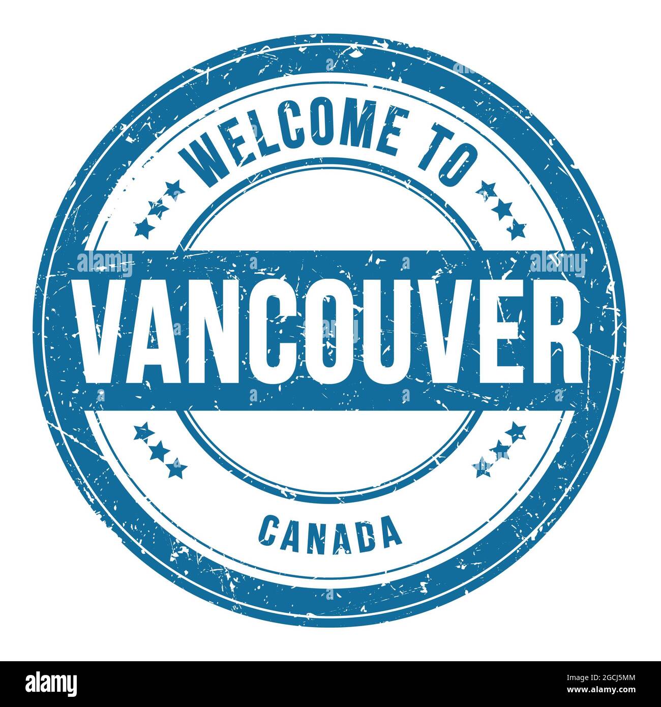 WELCOME TO VANCOUVER - CANADA, words written on blue round coin stamp ...