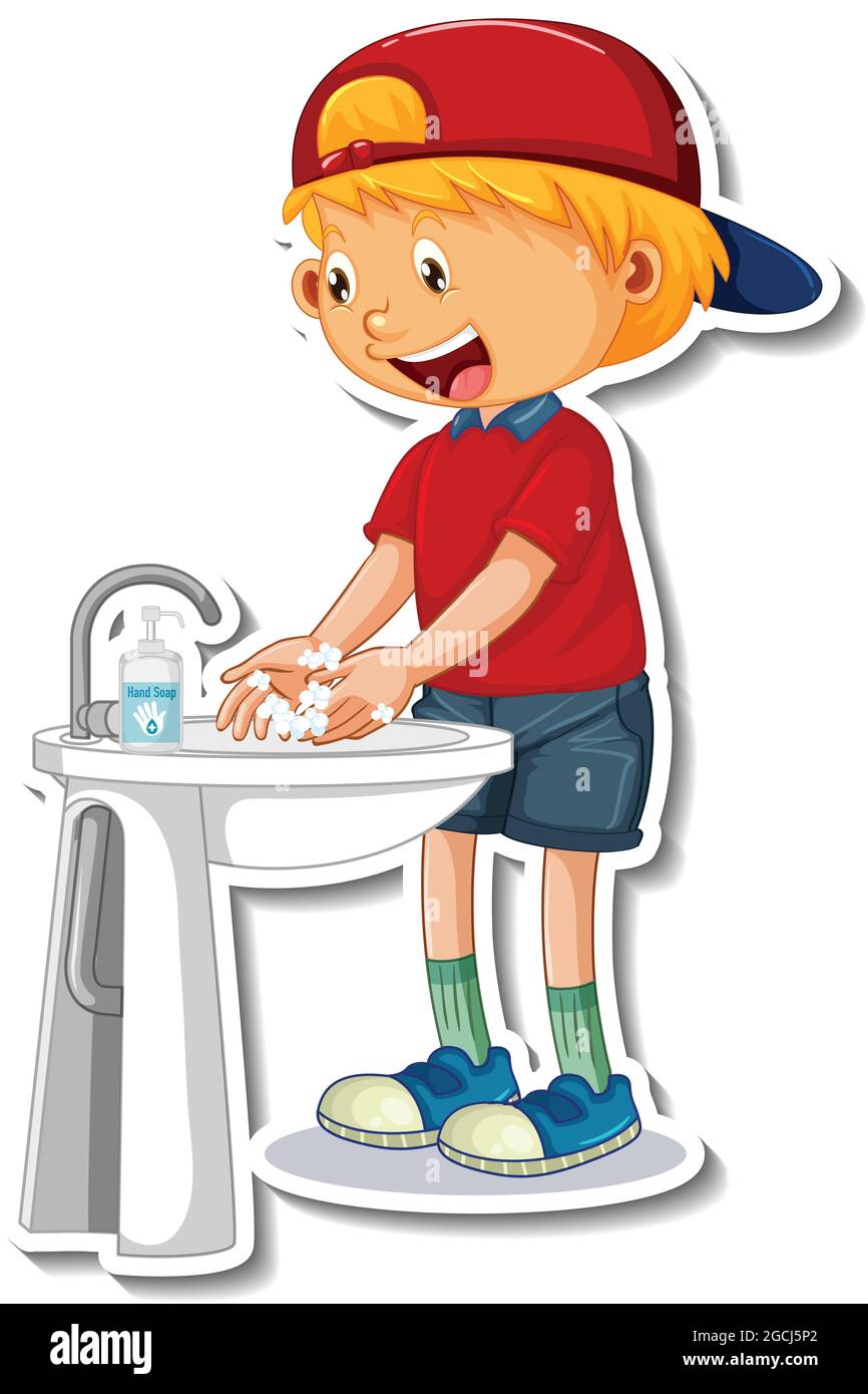 A sticker template with a boy washing hands with soap illustration ...