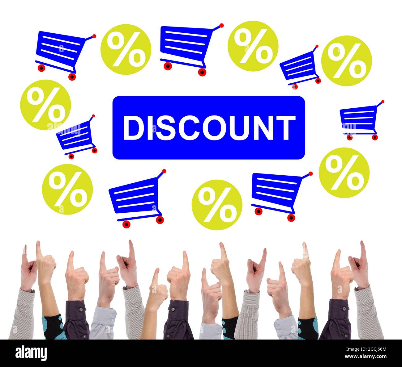 Discount concept on white background pointed by several fingers Stock ...