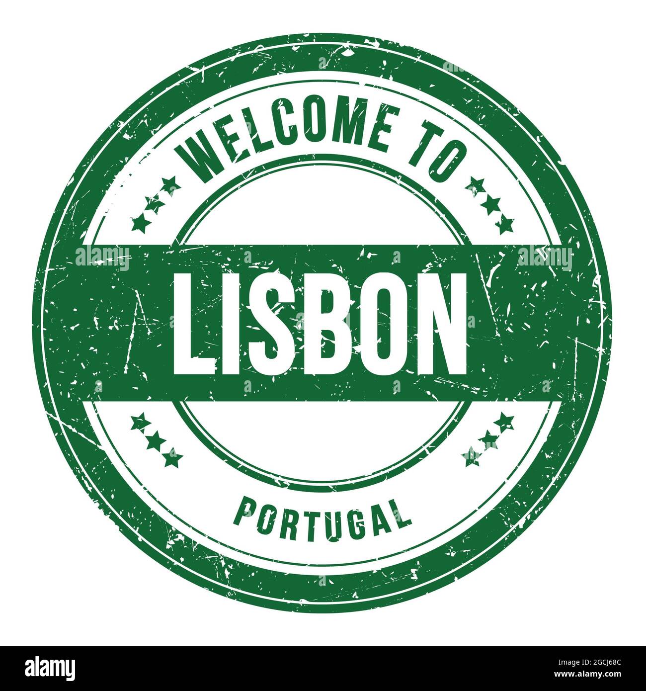WELCOME TO LISBON - PORTUGAL, words written on green round coin stamp ...