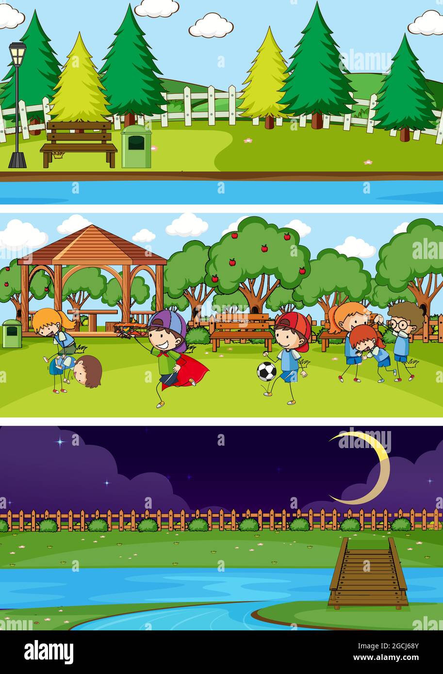 Set of different horizontal scenes background with doodle kids cartoon ...