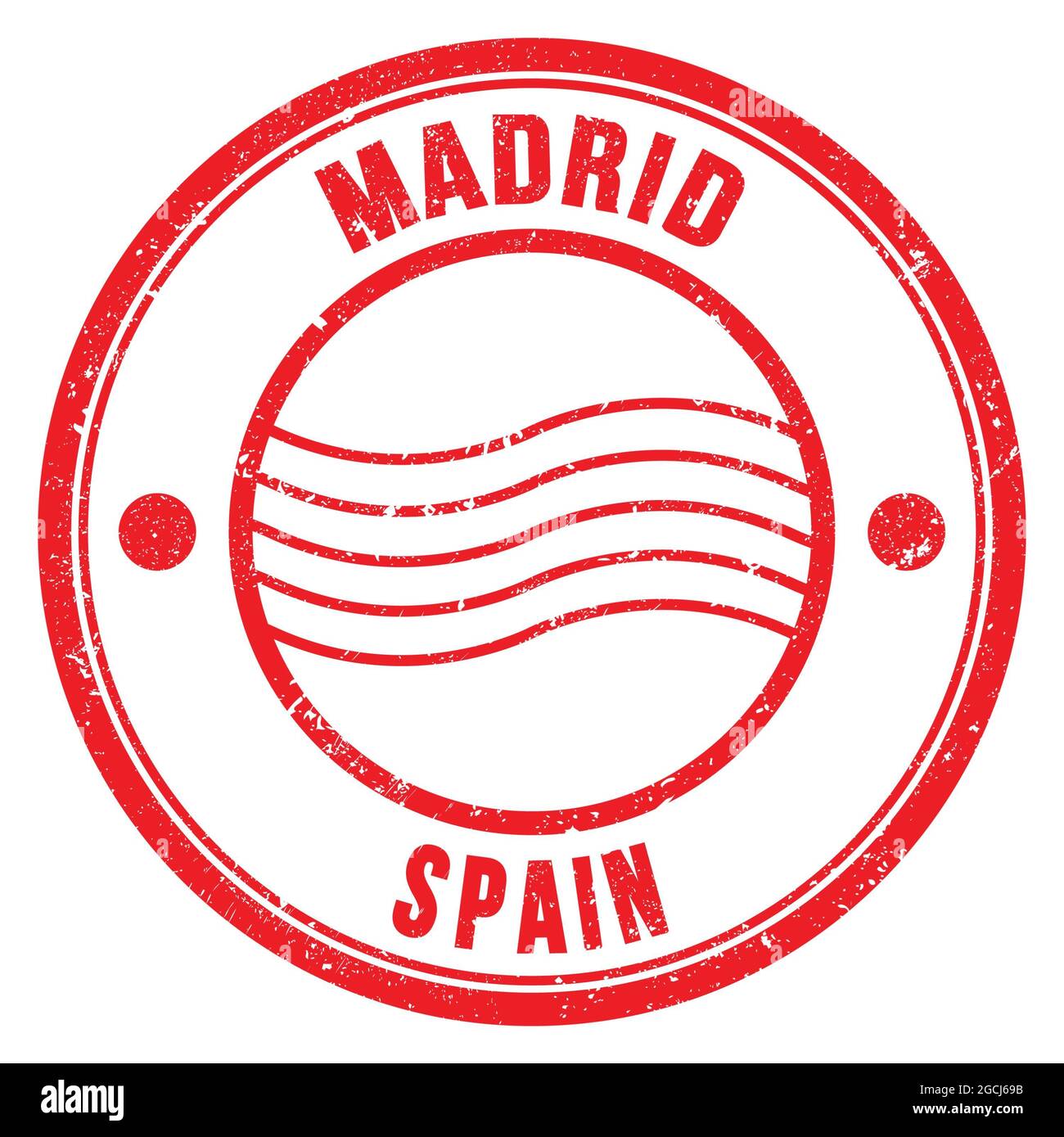 MADRID - SPAIN, words written on red round postal stamp Stock Photo - Alamy