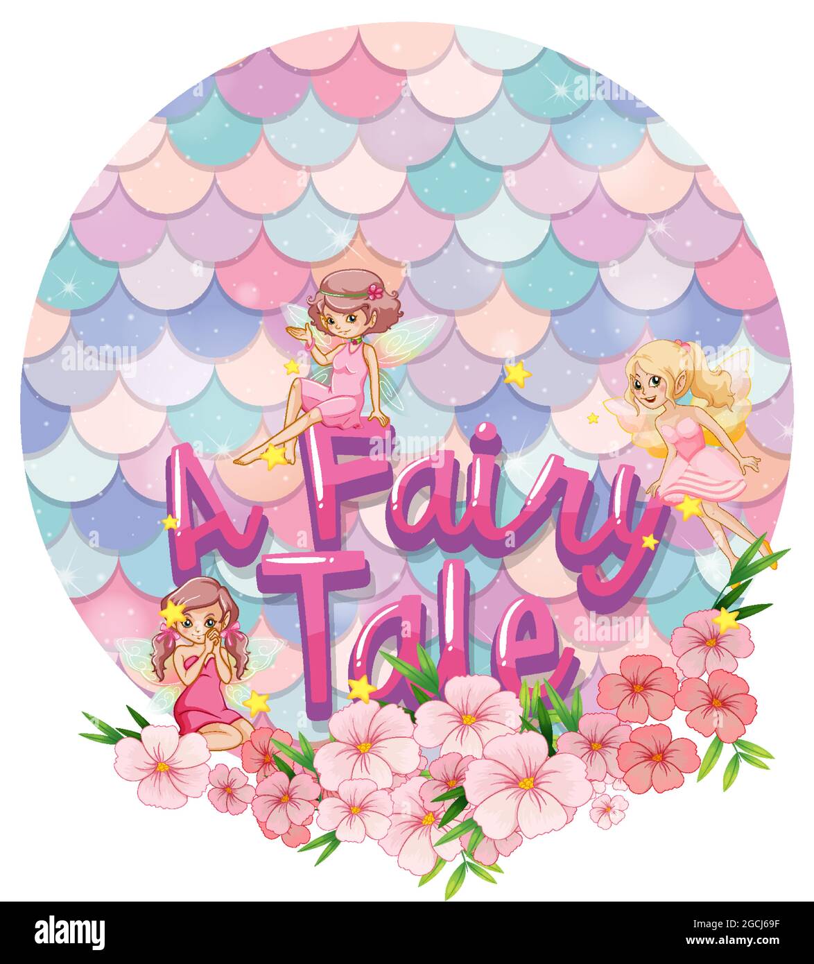 A Fairy Tale font banner with Little fairies on pastel scales ...