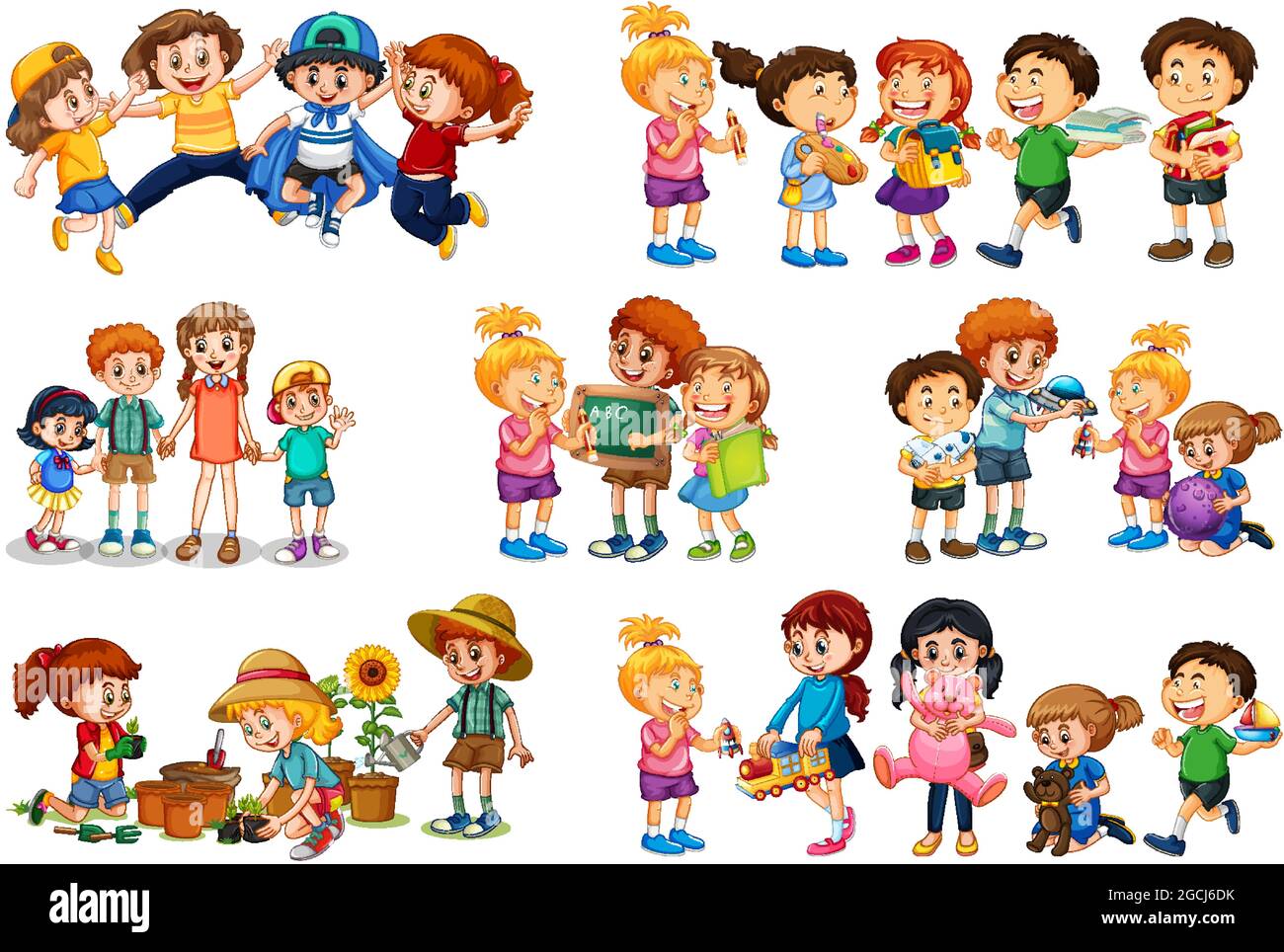 Set of different kid playing with their toys cartoon character isolated ...