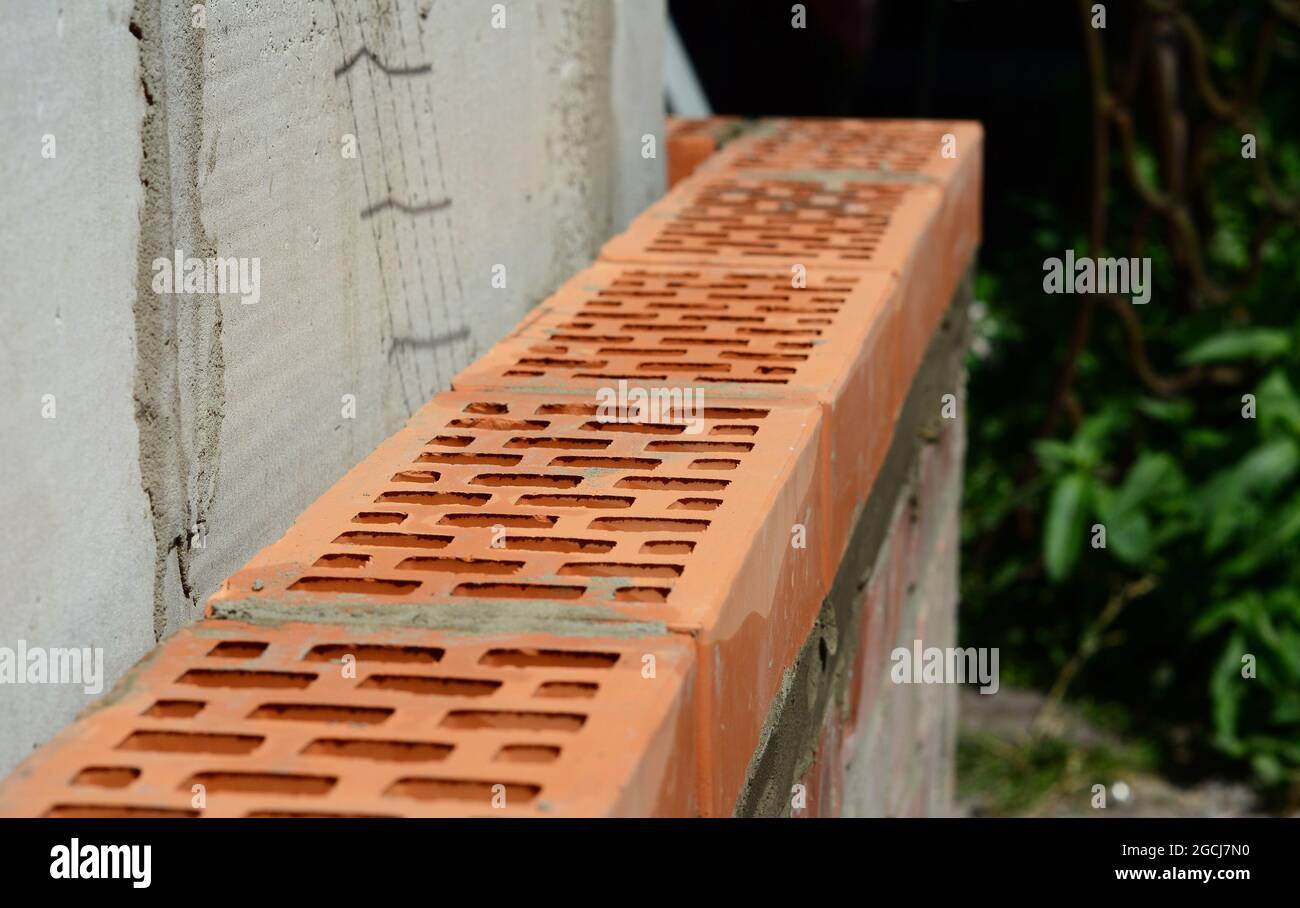 Masonry brickwork. A close-up on laying face clay bricks to a wall from ...