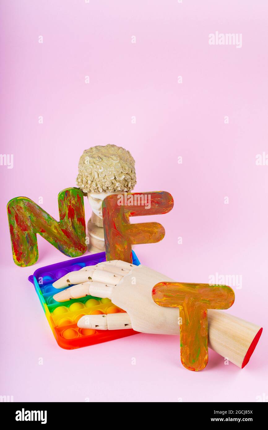 NFT Non-Fungible token. Concept for blockchain system. Classical statue ...