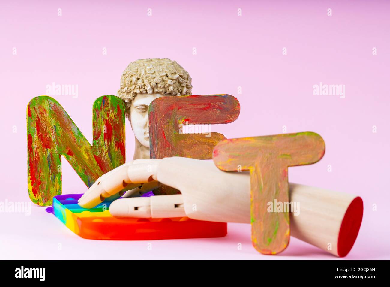 NFT Non-Fungible token. Concept for blockchain system. Classical statue ...