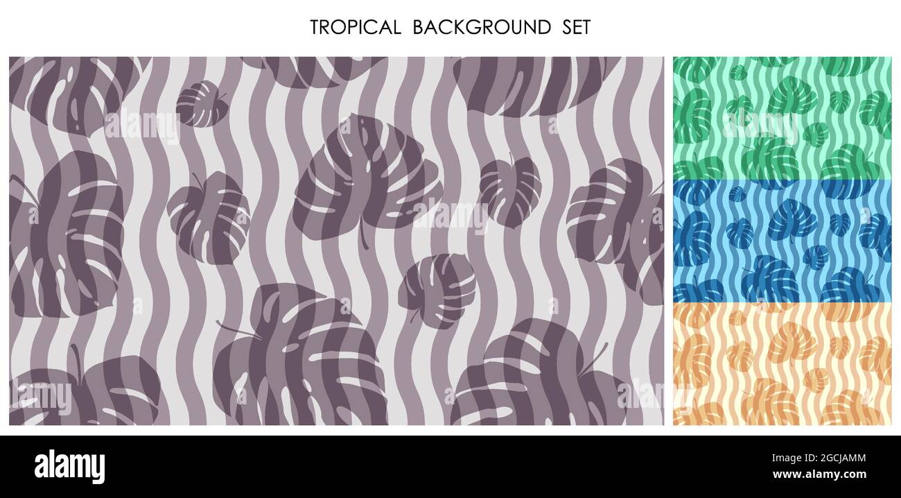 Set of seamless backgrounds with waves and large leaves of tropical ...