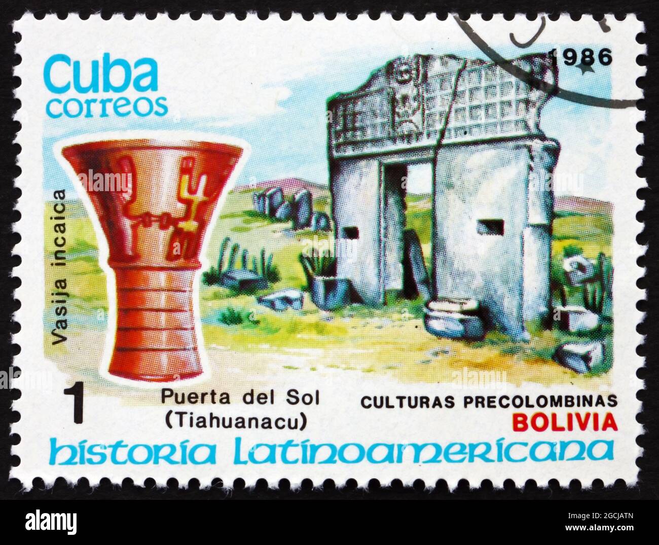 CUBA - CIRCA 1986: a stamp printed in Cuba shows Inca vase and ...