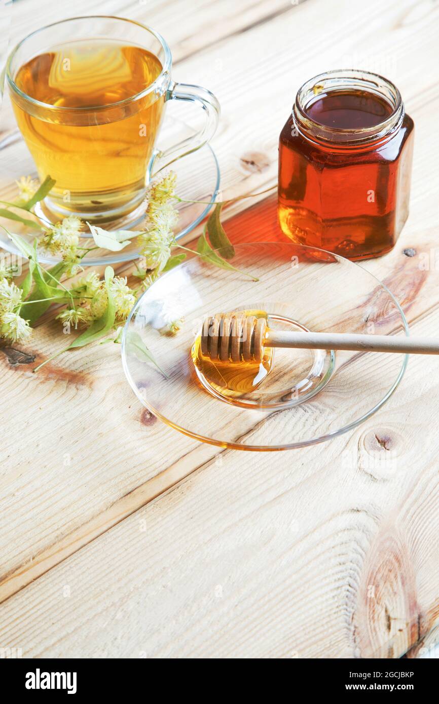 Linden Flower Tea And Linden Honey On A Light Wooden Background Stock Photo Alamy