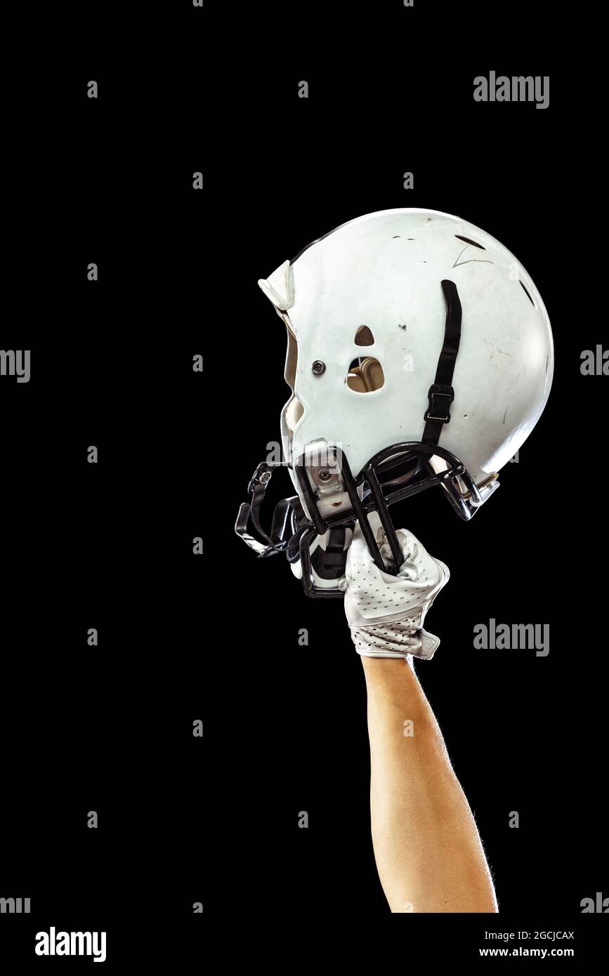 Equipment for american football. Human hand holding white helmet ...