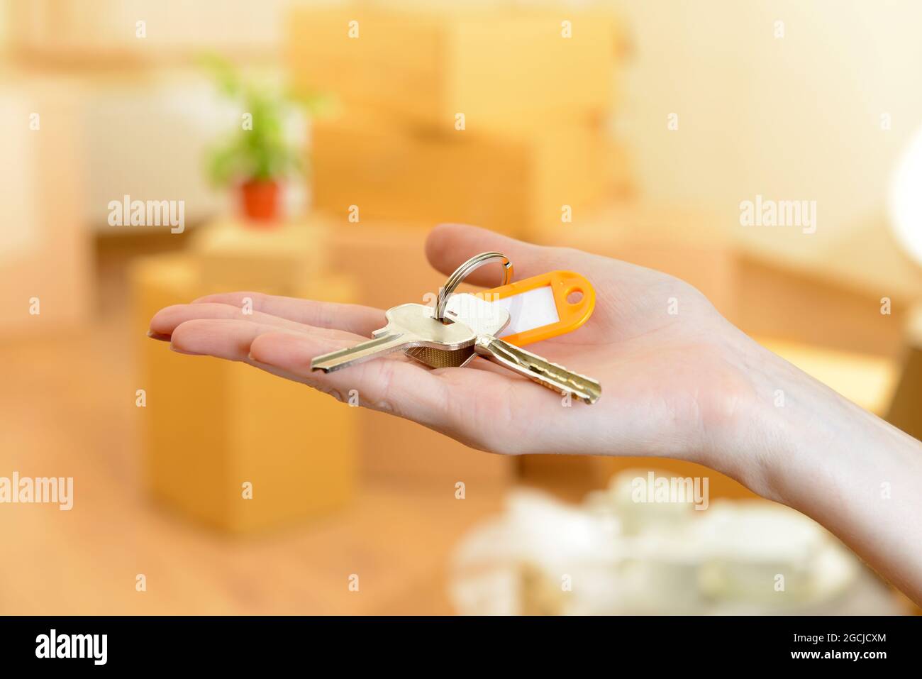 Female hand with keys ob stack of cartons background: moving house ...