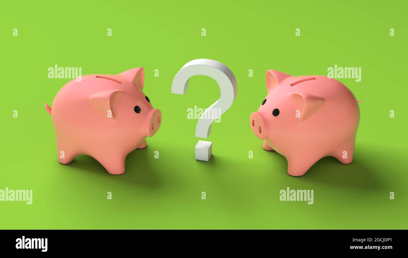 Two piggy banks and a question mark on a green background. Choice of ...