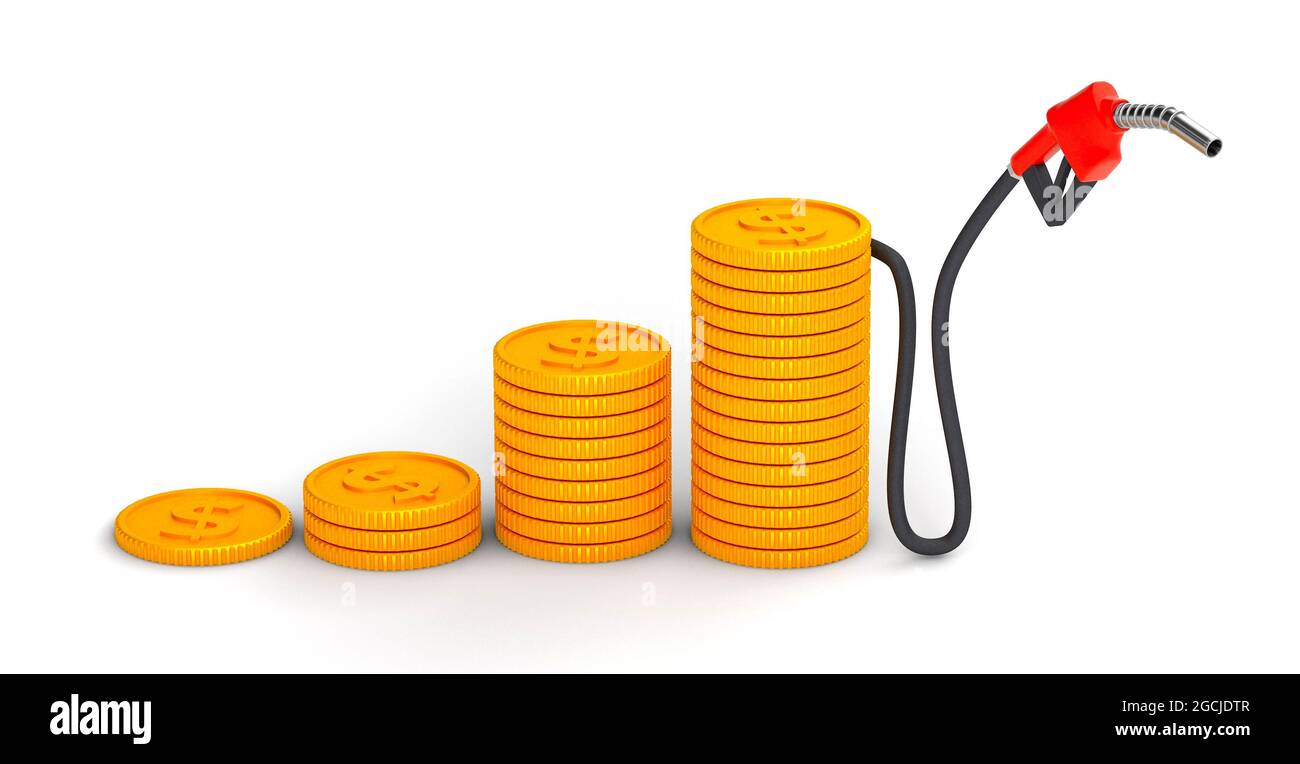 Stacks of coins in steps and a fuel pump. Fuel price increase concept ...