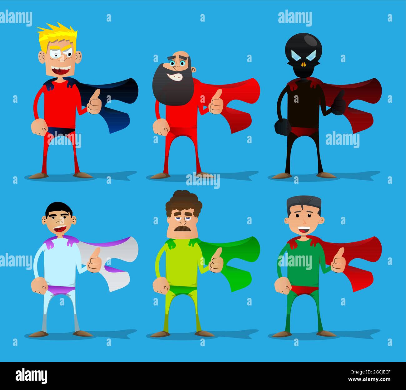 Funny cartoon man dressed as a superhero making thumbs up sign. Vector ...