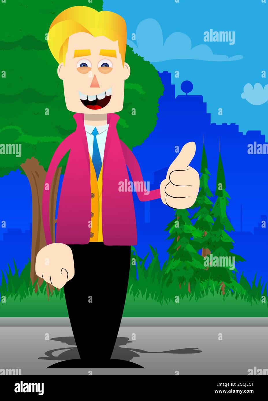 Funny cartoon man dressed for winter making thumbs up sign. Vector ...