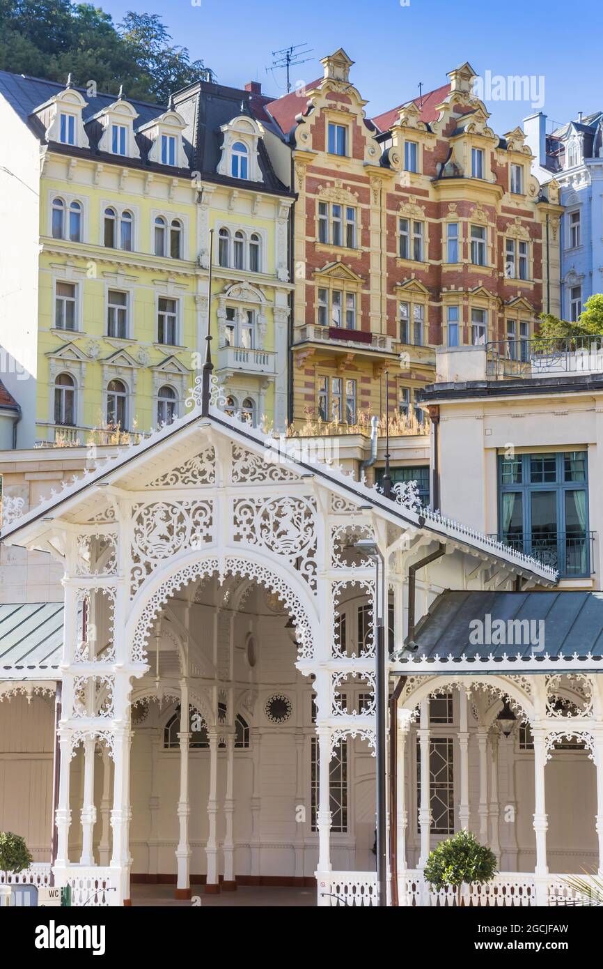 White wooden structure of the Kolonada in Karlovy Vary, Czech Republic ...