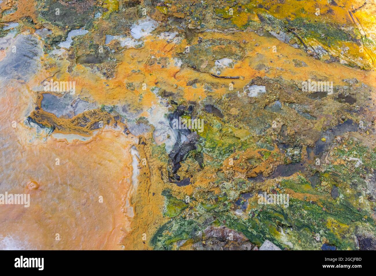 Colorful sulfur sediments in the river in Karlovy Vary, Czech Republic ...